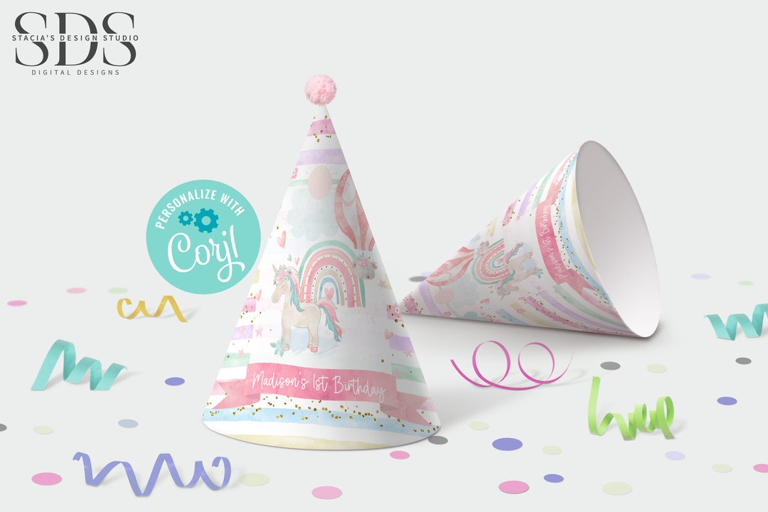 Rainbow Unicorn Birthday Party Hat DIY - Edit Yourself in Corjl ...