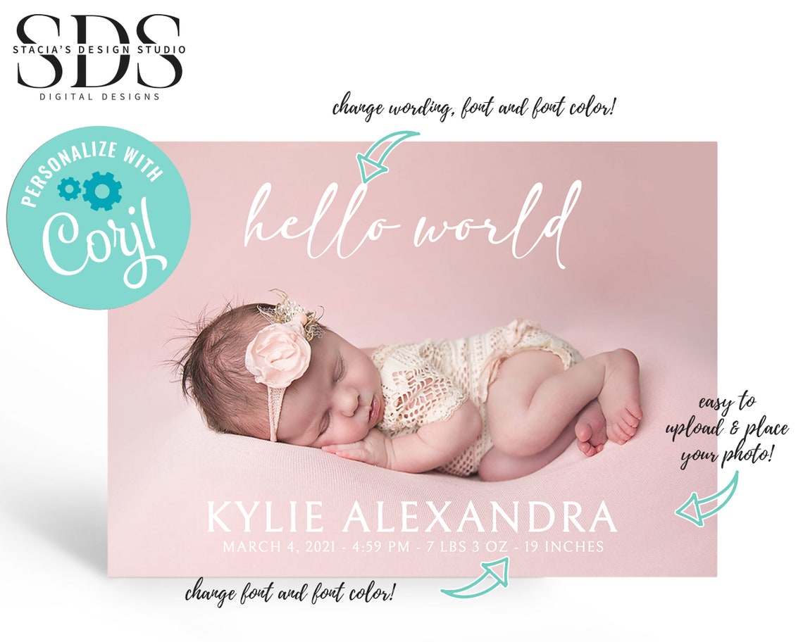 Hello World Birth Announcement 7 Photo DIY in Corjl - Etsy