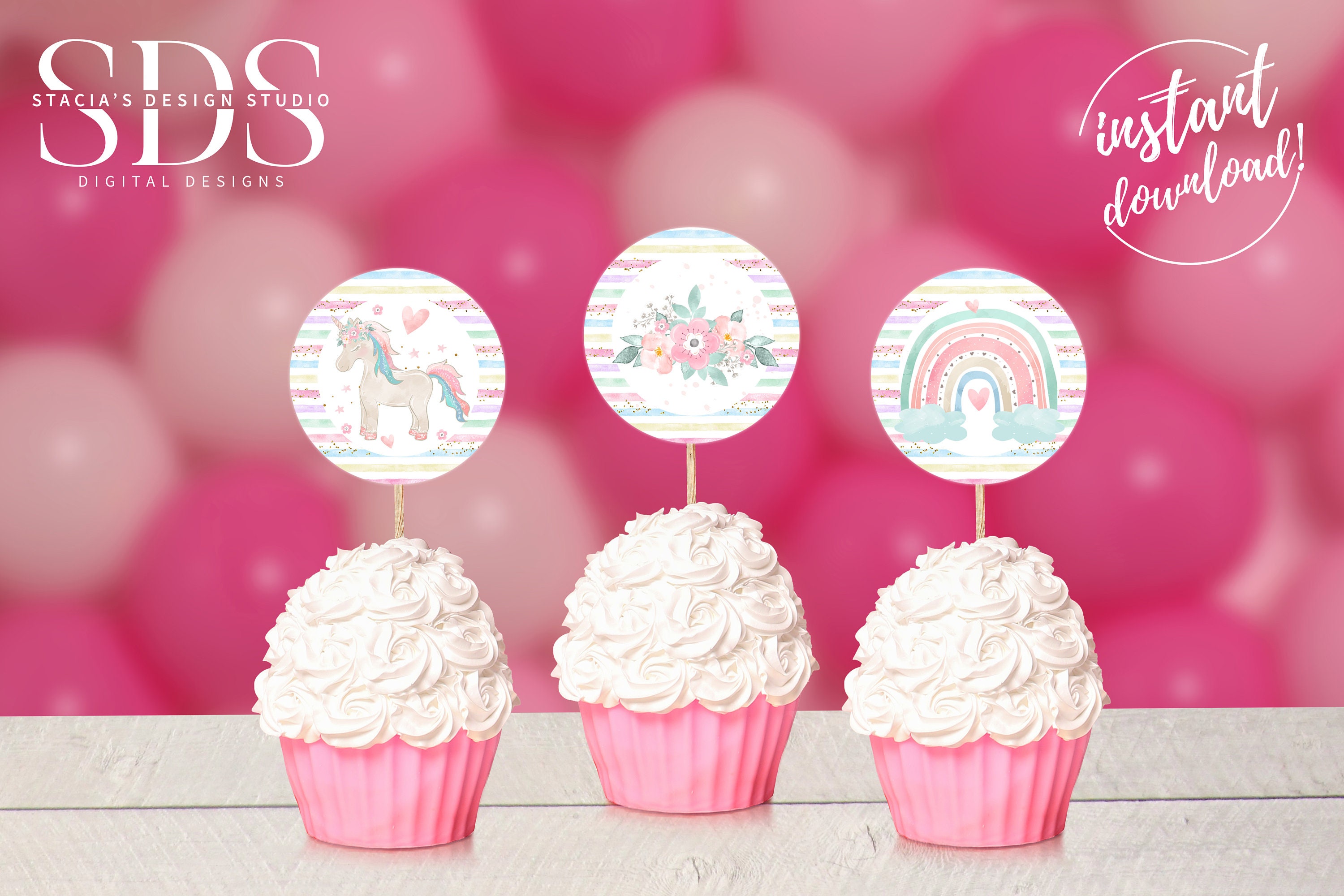 Rainbow Unicorn Birthday / Baby Shower - Cupcake Toppers - 5 Variations ...