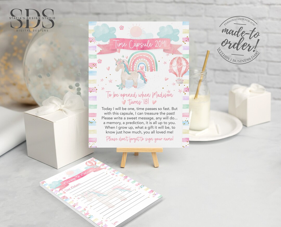 Rainbow Unicorn Time Capsule Sign 8x10 and Message Cards 4x6 Birthday ...