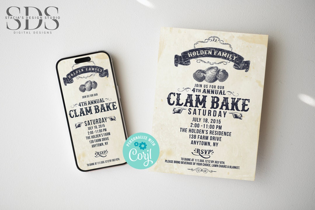 Clam Bake 5x7 Invitation and Cell Phone Size - Vintage - DIY in Corjl ...