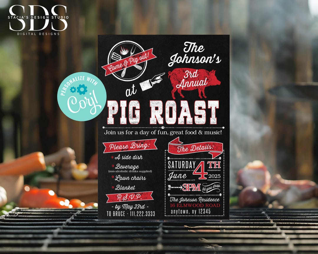 Retro Pig Roast Invitation - Chalkboard - Hog Roast - Digital File ...