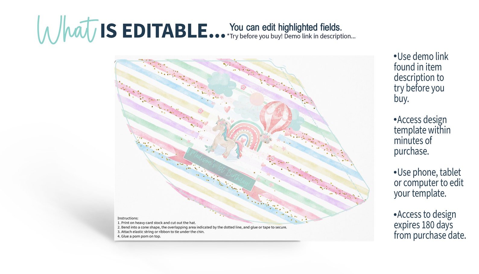 Rainbow Unicorn Birthday Party Hat DIY Edit Yourself in - Etsy