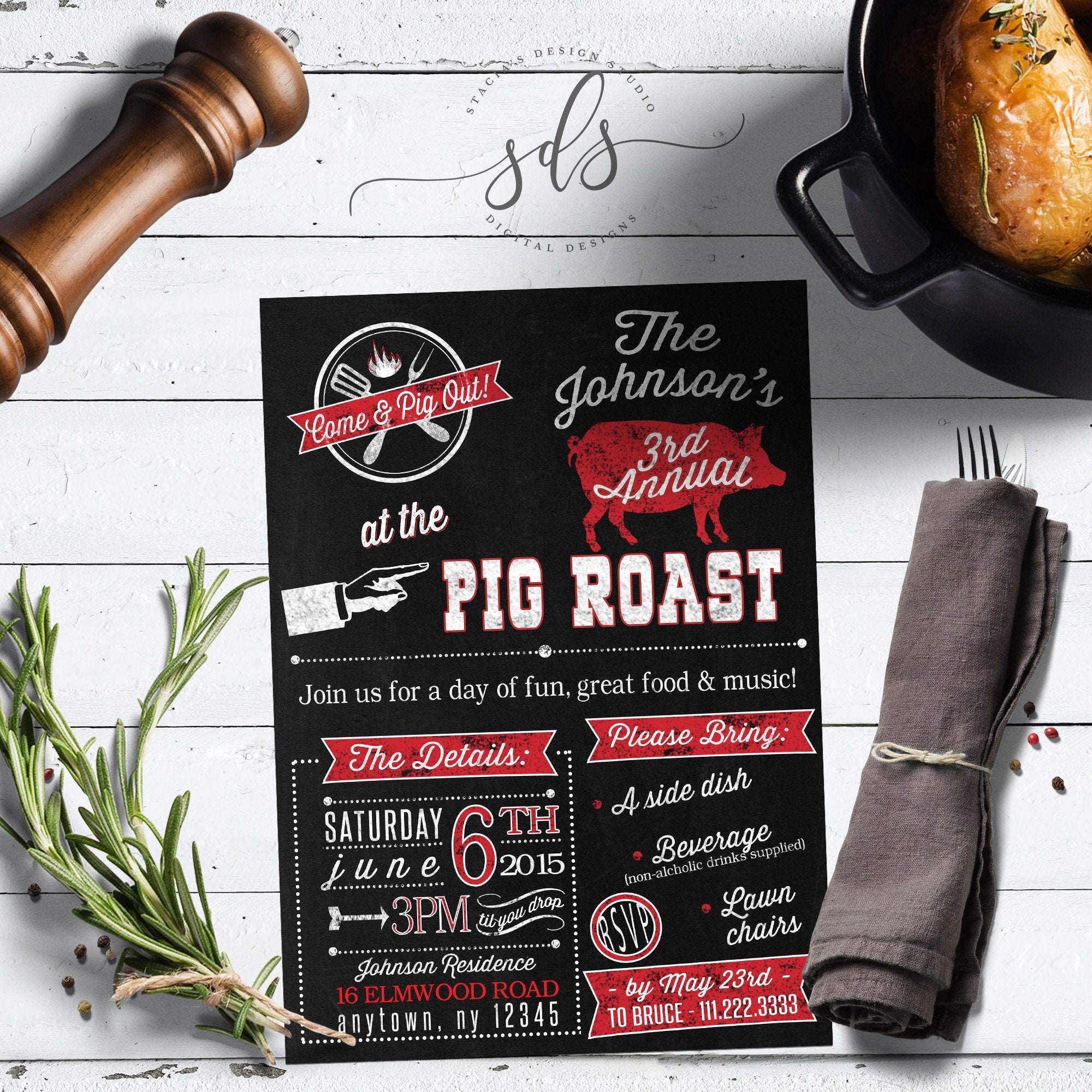 Pig Roast Invitation Retro Chalkboard Digital File Party | Etsy