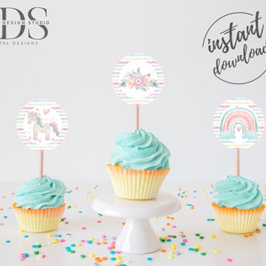 Rainbow Unicorn Birthday / Baby Shower - Cupcake Toppers - 5 Variations ...