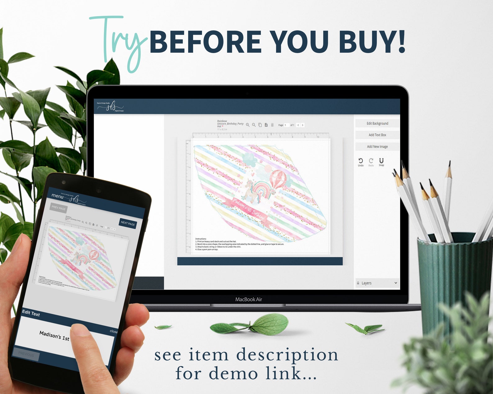 Rainbow Unicorn Birthday Party Hat DIY Edit Yourself in - Etsy