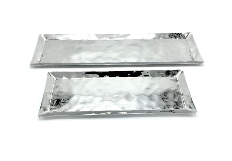 Long Rectangle Serving Tray, Handmade Hammered Stainless Steel, Silver ...