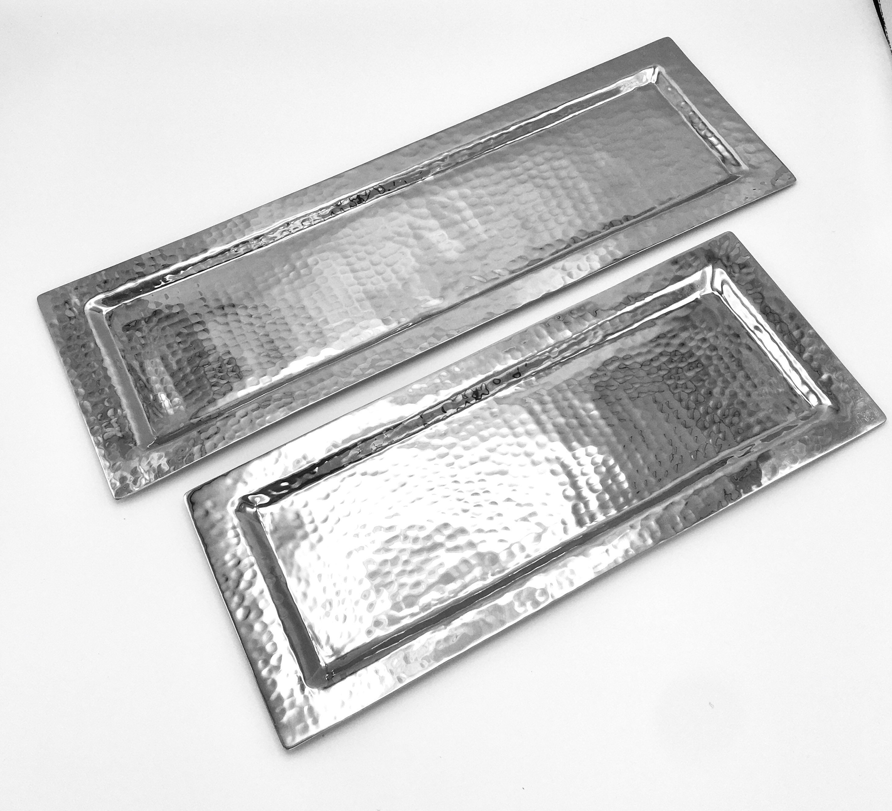 Long Rectangle Serving Tray, Handmade Hammered Stainless Steel, Silver ...