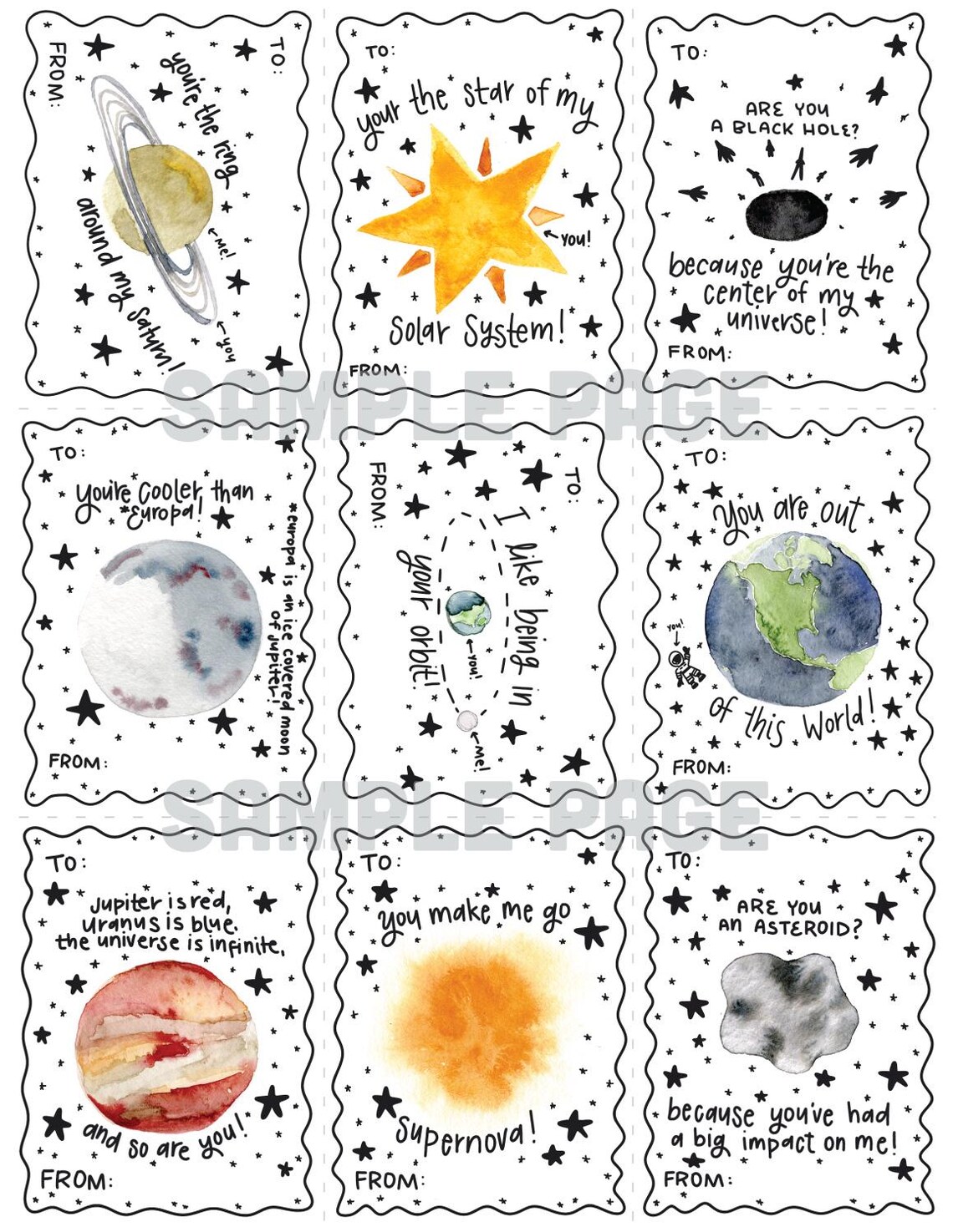 Nine Space Themed Watercolor and Doodle Printable Valentine Cards for ...