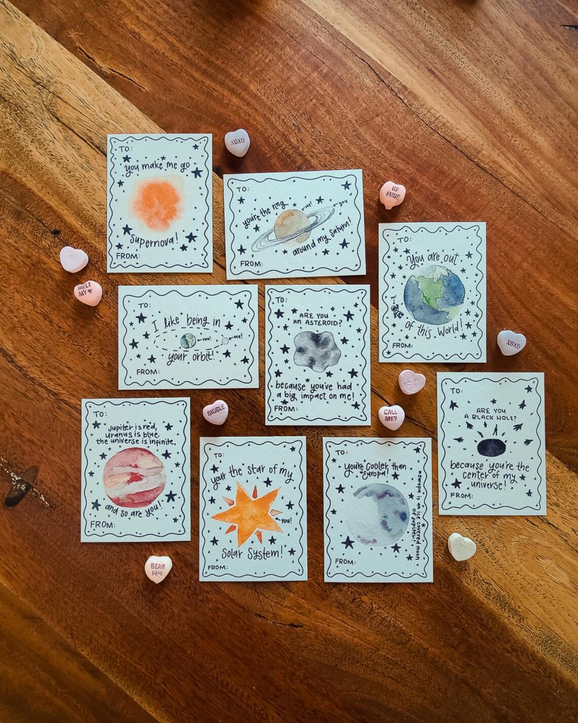 Nine Space Themed Watercolor and Doodle Printable Valentine Cards for ...