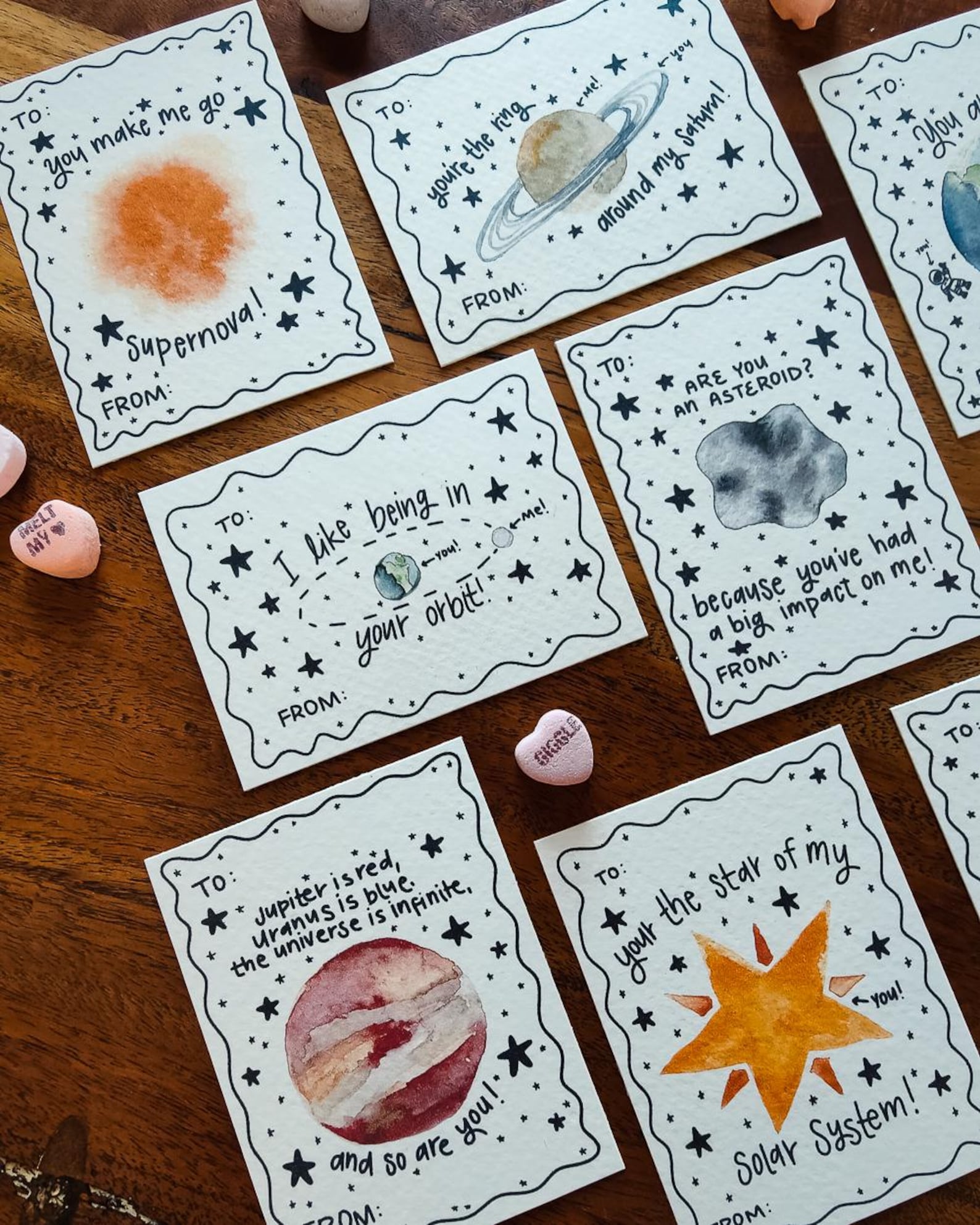 Nine Space Themed Watercolor and Doodle Printable Valentine Cards for ...