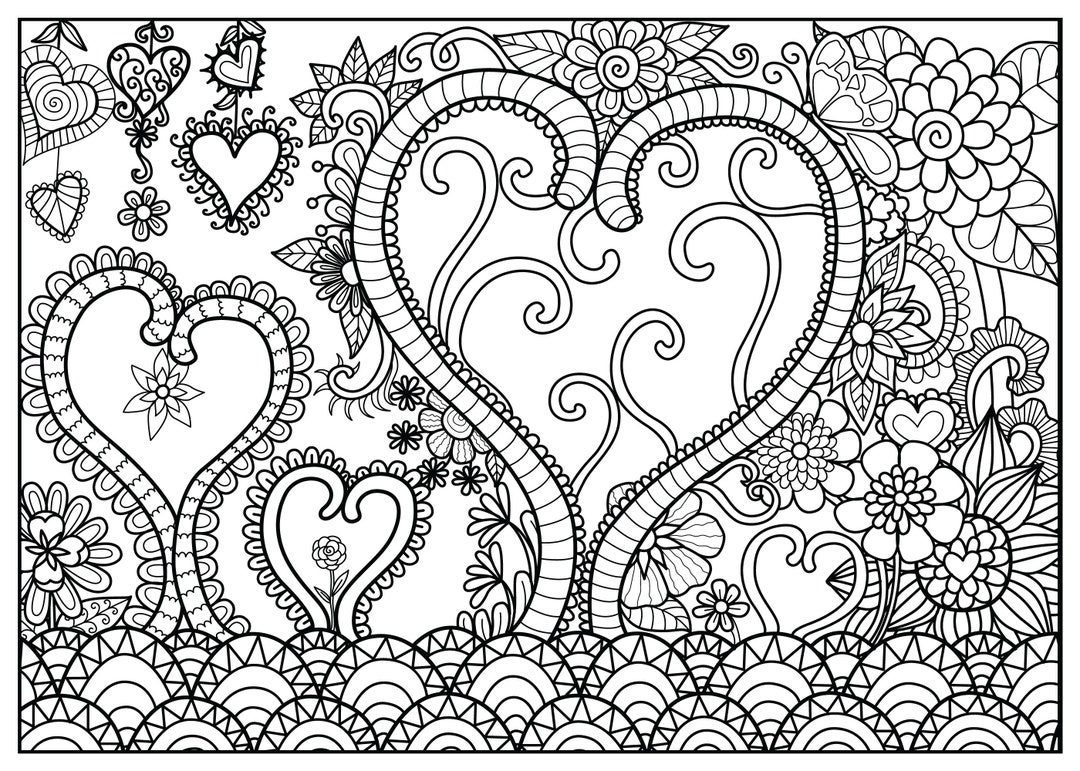Valentine Coloring Poster, Huge Coloring Poster, Heart Garden Zentangle ...