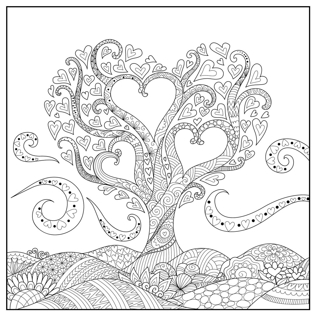 Valentine Coloring Poster, Huge Coloring Poster, Heart Tree Zentangle ...