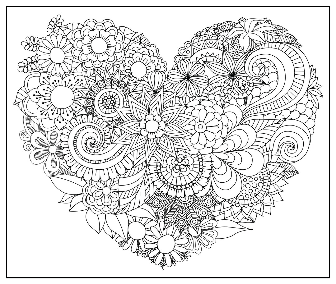 Valentine Coloring Poster, Huge Coloring Poster, Floral Heart Zentangle ...