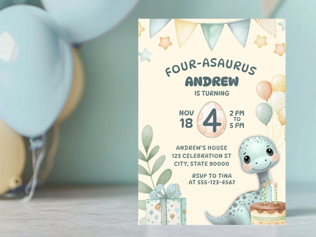 Four-asaurus Dinosaur Birthday Invitation, Editable 4th Birthday Invite ...