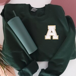 Varsity Letter Patch Crewneck Sweatshirt, Single Initial Monogrammed Chenille Applique ...