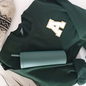 Varsity Letter Patch Crewneck Sweatshirt, Single Initial Monogrammed Chenille Applique ...