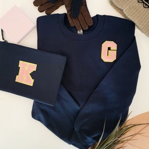Varsity Letter Patch Crewneck Sweatshirt, Single Initial Monogrammed Chenille Applique ...