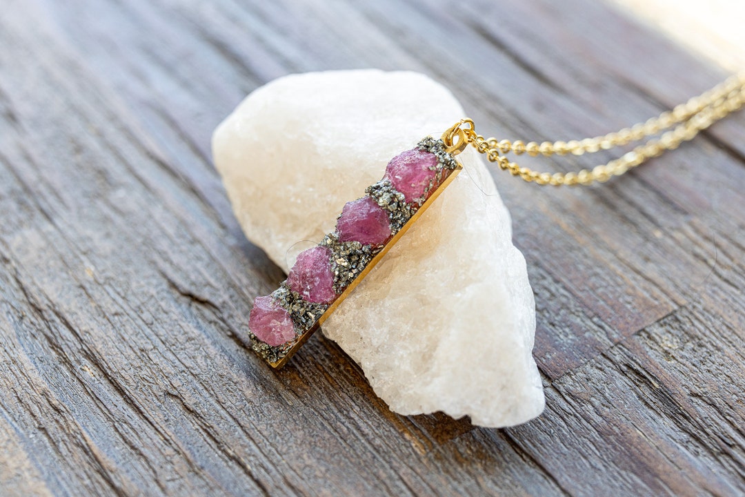 Raw Pink Tourmaline & Pyrite Bar Pendant Necklace - Gold or Silver - Etsy