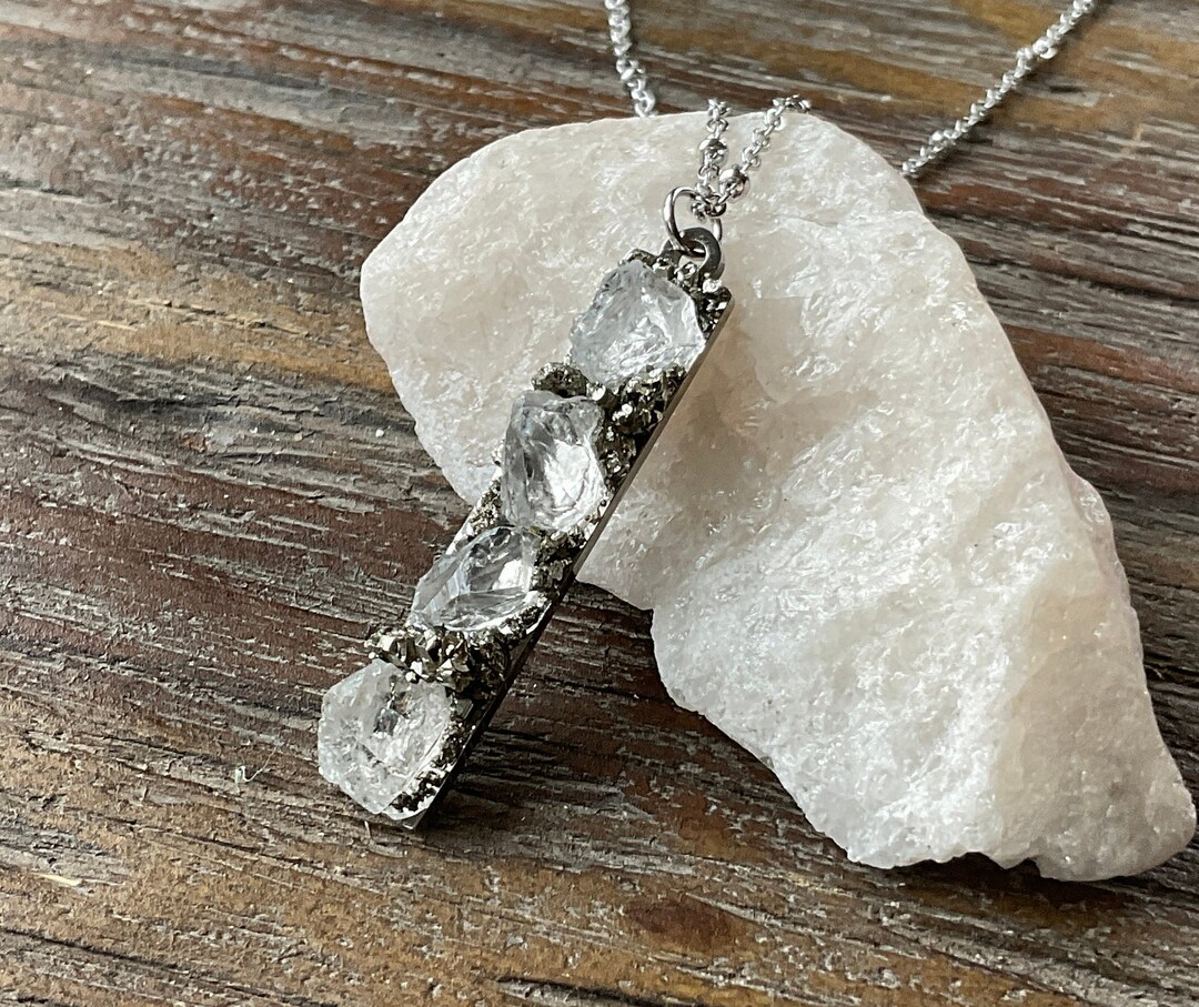 Crystal Quartz and Pyrite Flat Bar Pendant Necklace/silver or Gold ...