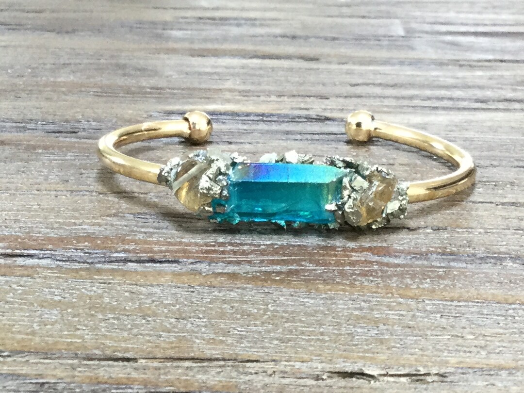 Blue Quartz Crystal and Ametrine With Pyrite Gold or Silver Cuff Open ...