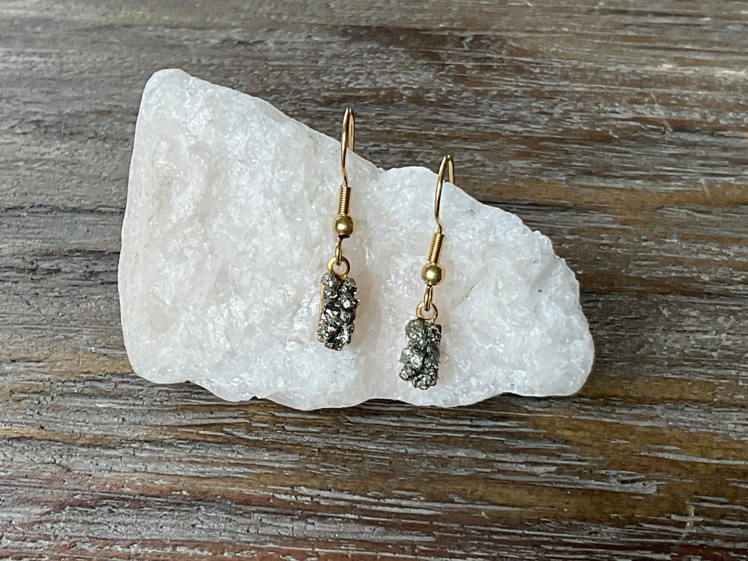 Recycled Raw Pyrite Tiny Tag Dangle Earrings/modern Gemstone Earrings ...