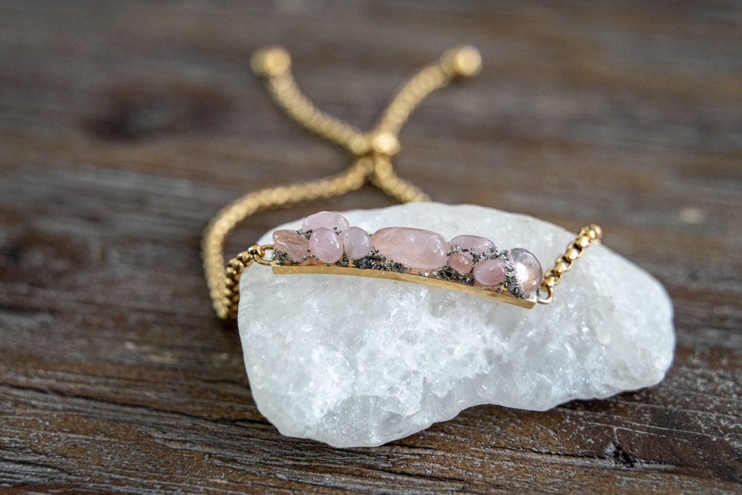 Rose Quartz and Pyrite Gemstone Adjustable Box Chain Gold Bracelet/pink ...