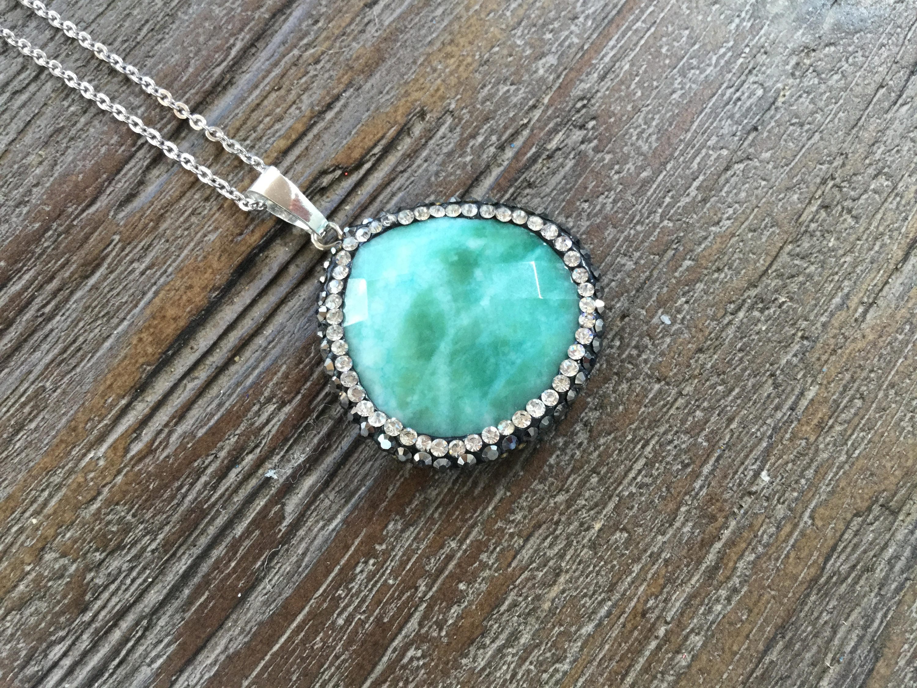 Turquoise Quartz Pendant Necklace with Pave Rhinestone | Etsy