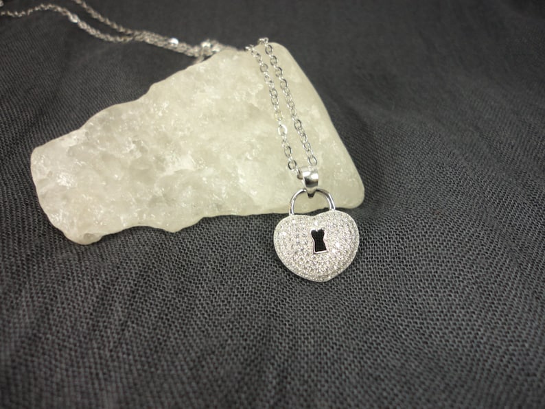 CZ Pave Sterlng Silver Heart Lock Pendant Necklace/heart Shape - Etsy