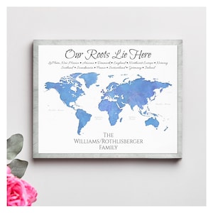 Custom World Map Art for Family, Personalized Genealogy Gift, Our Roots ...