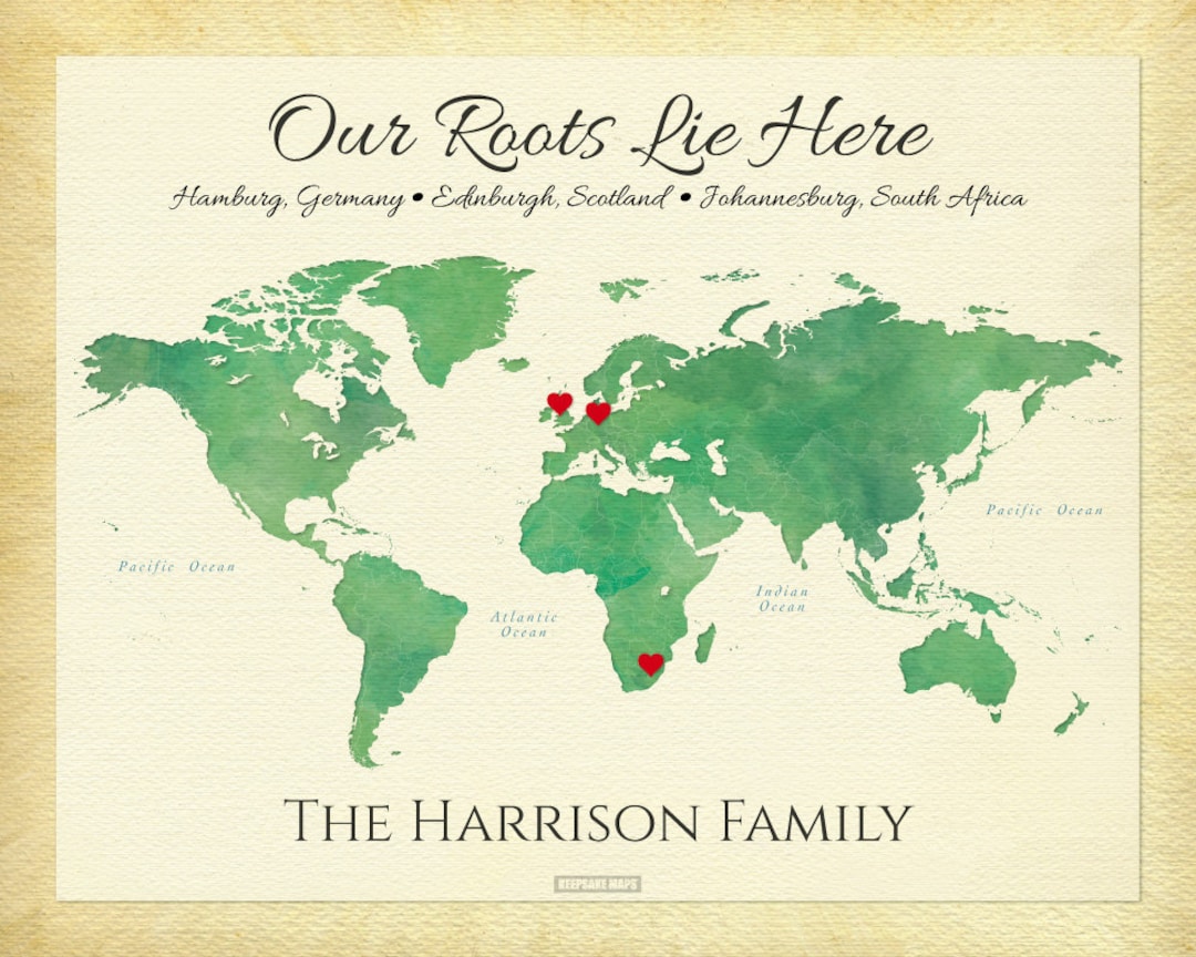 Custom World Map Art for Family, Personalized Genealogy Gift, Our Roots ...