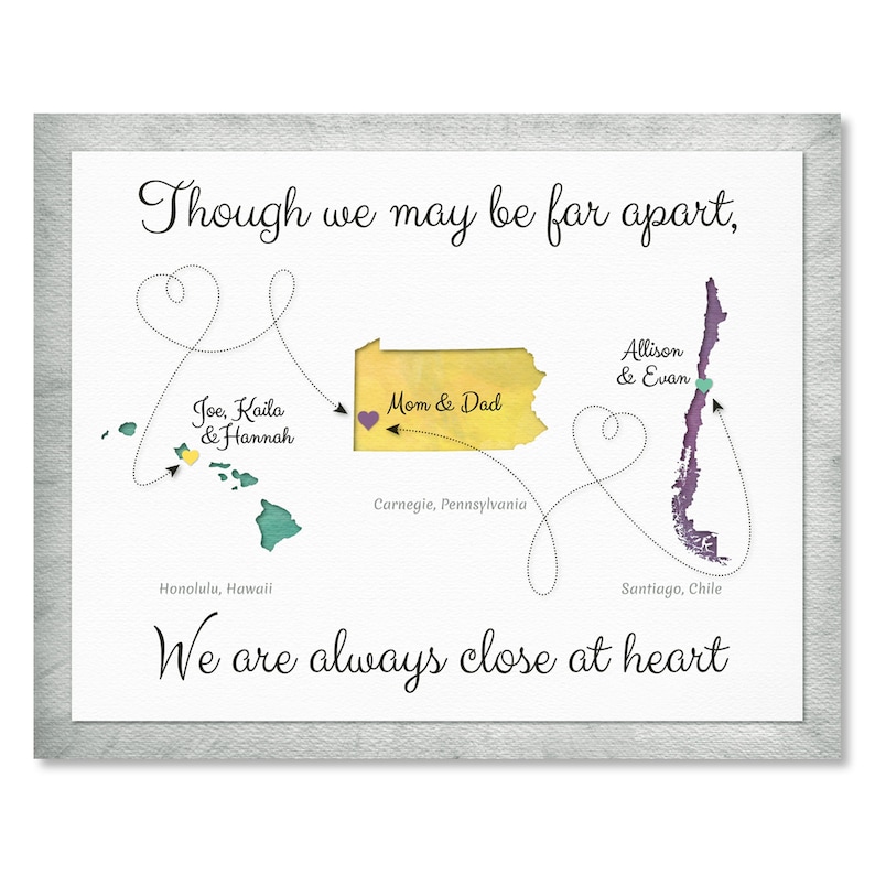 Long Distance Family Map Art: 3 Places Keepsake Gift - Etsy