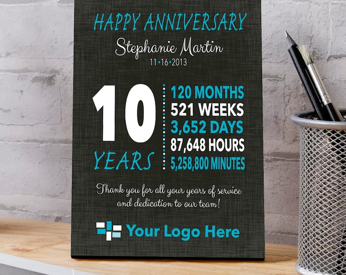 10 Year Work Anniversary Print, 10th Employee Anniversary Gift Idea, Thank You Gift, Years of ...