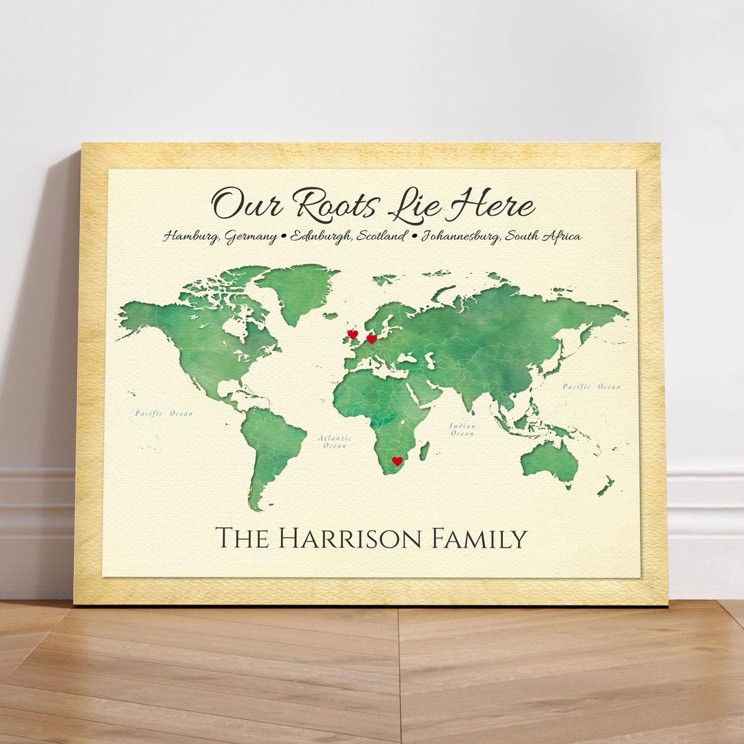 Custom World Map Art for Family, Personalized Genealogy Gift, Our Roots ...