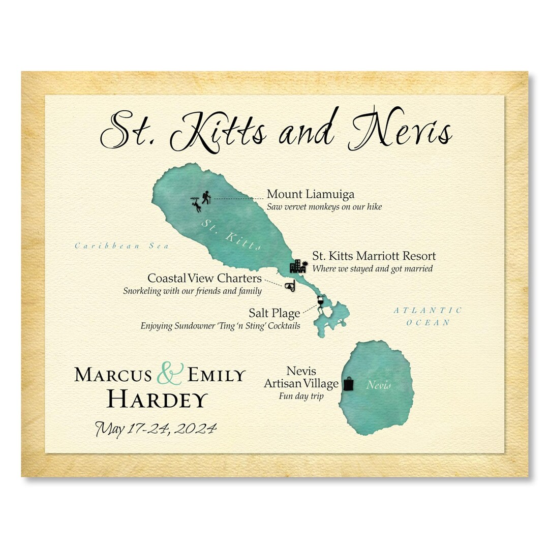 Map of St. Kitts, Map of Nevis, St. Kitts and Nevis Honeymoon Gift ...