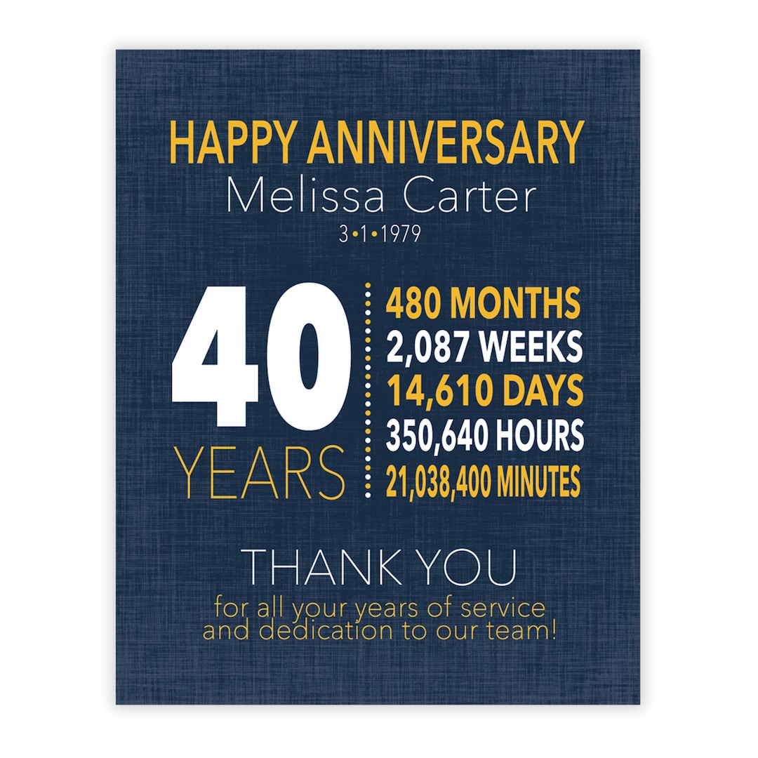 40 Year Work Anniversary Gift, 40 Year Anniversary Certificate ...