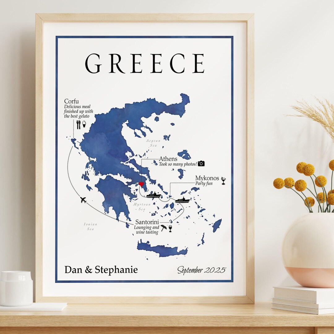 Personalized Greece Travel Map: Honeymoon Keepsake Gift - Etsy