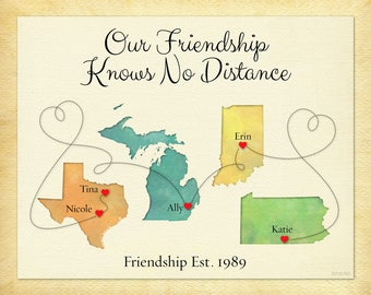 6 Place Friend Map Gift for Long Distance Best Friends - Etsy
