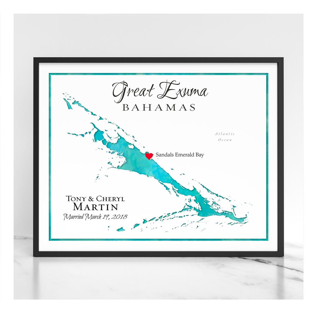 Great Exuma Bahamas Map Gift, Personalized Wedding Gift Exuma Map Art ...