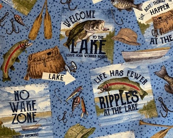 Watercolor Lake Camping Fabric Lake House Fishing Motif by Kim Marshall ...