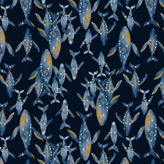 Cosmic Sea Golden Whale Deep Ocean Metallic Fabric by - Etsy