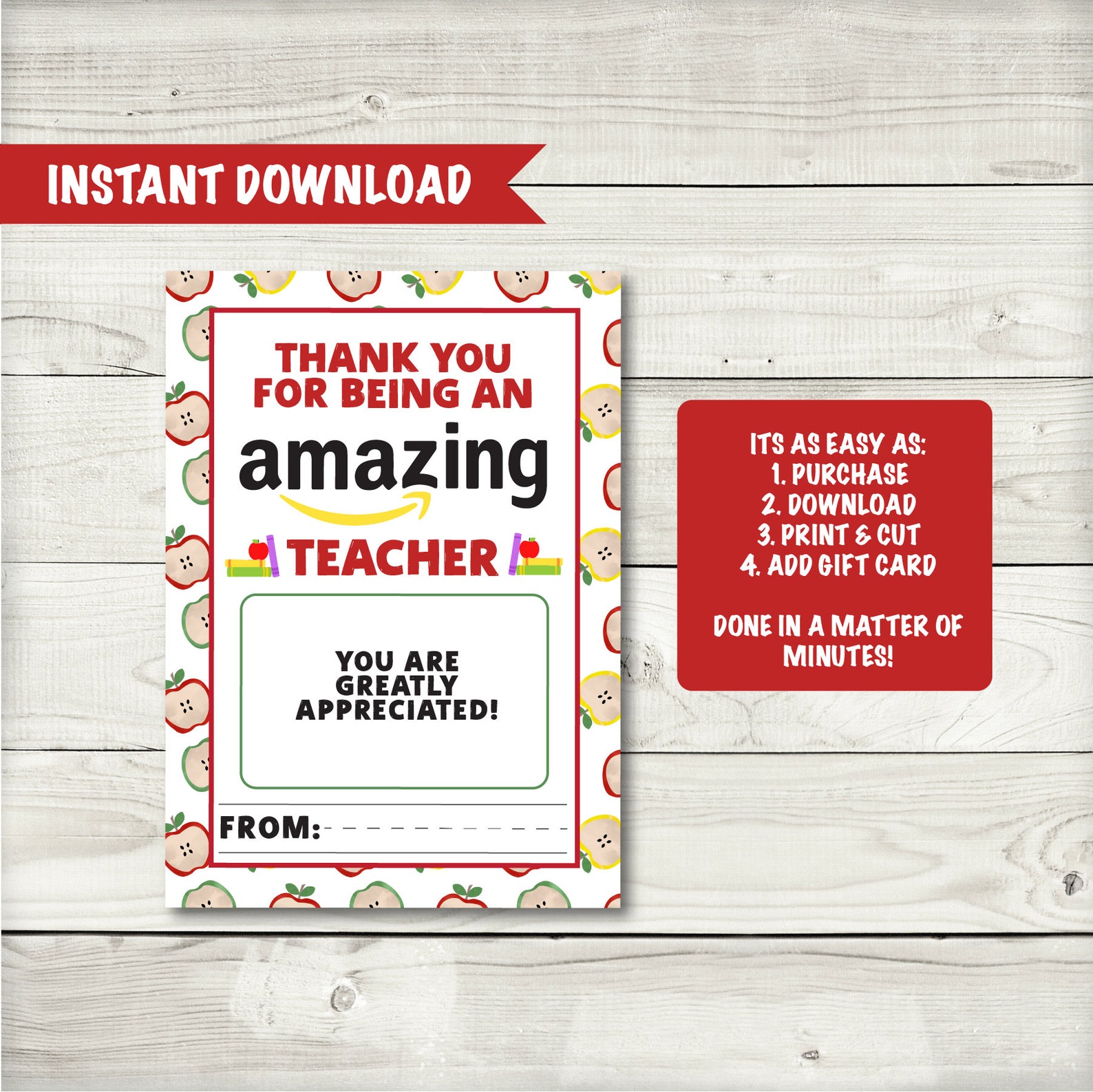 Printable Gift Card Teacher Appreciation Gift// Amazon Gift - Etsy