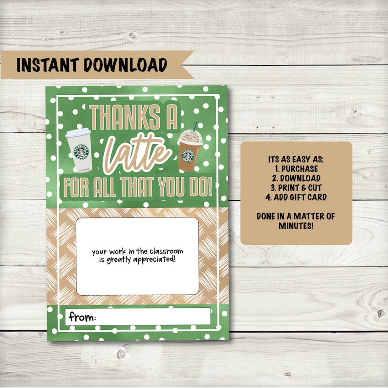 Starbucks Gift Card Teacher Appreciation Gift// Thanks a Latte - Etsy