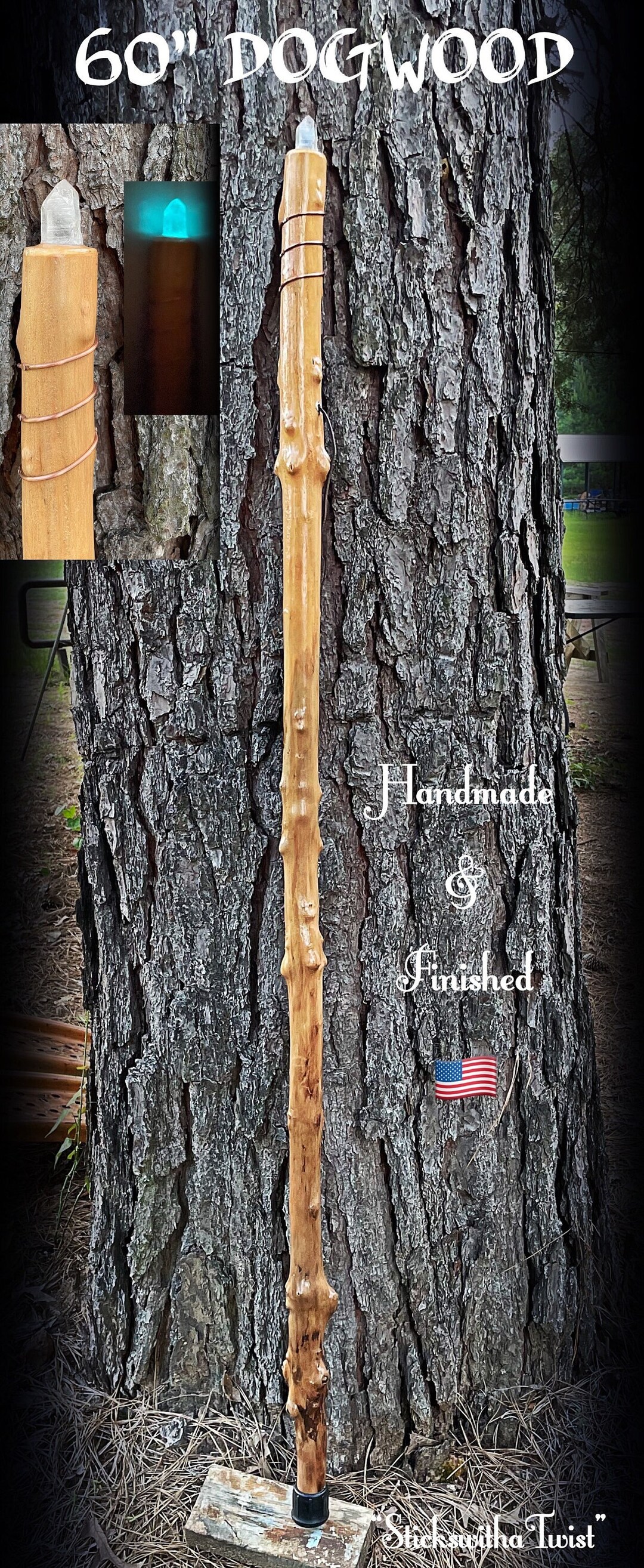 60 DOGWOOD Walking Hiking Stick With Quartz Crystal Handmade & Finished ...