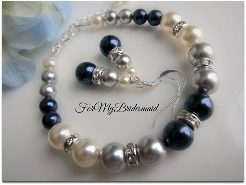 Wedding Jewelry. Bridesmaid Navy Blue Grey Ivory Pearl - Etsy