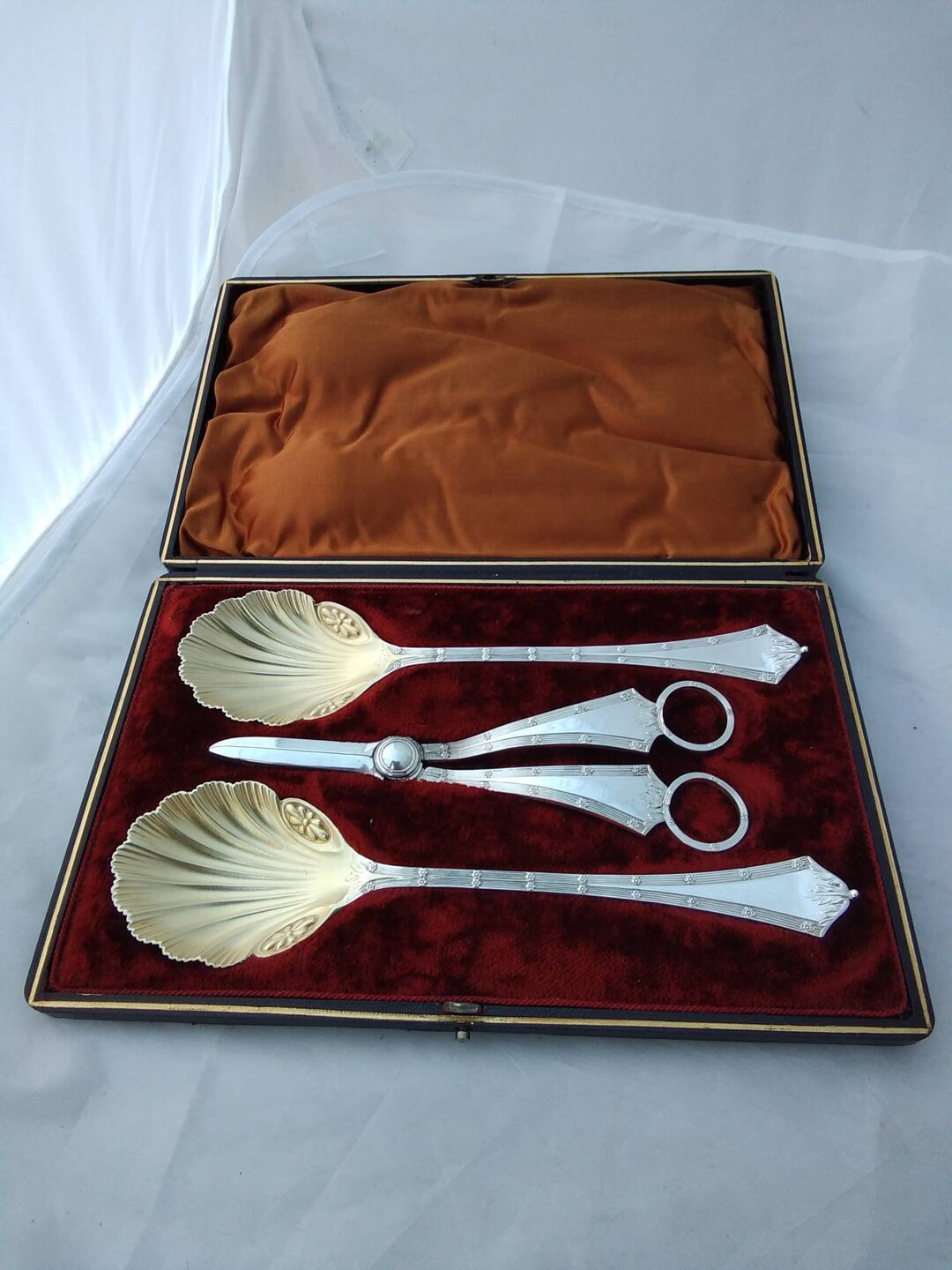 Beautiful Cased Antique Silver Plated Grape Scissors and Berry Serving ...