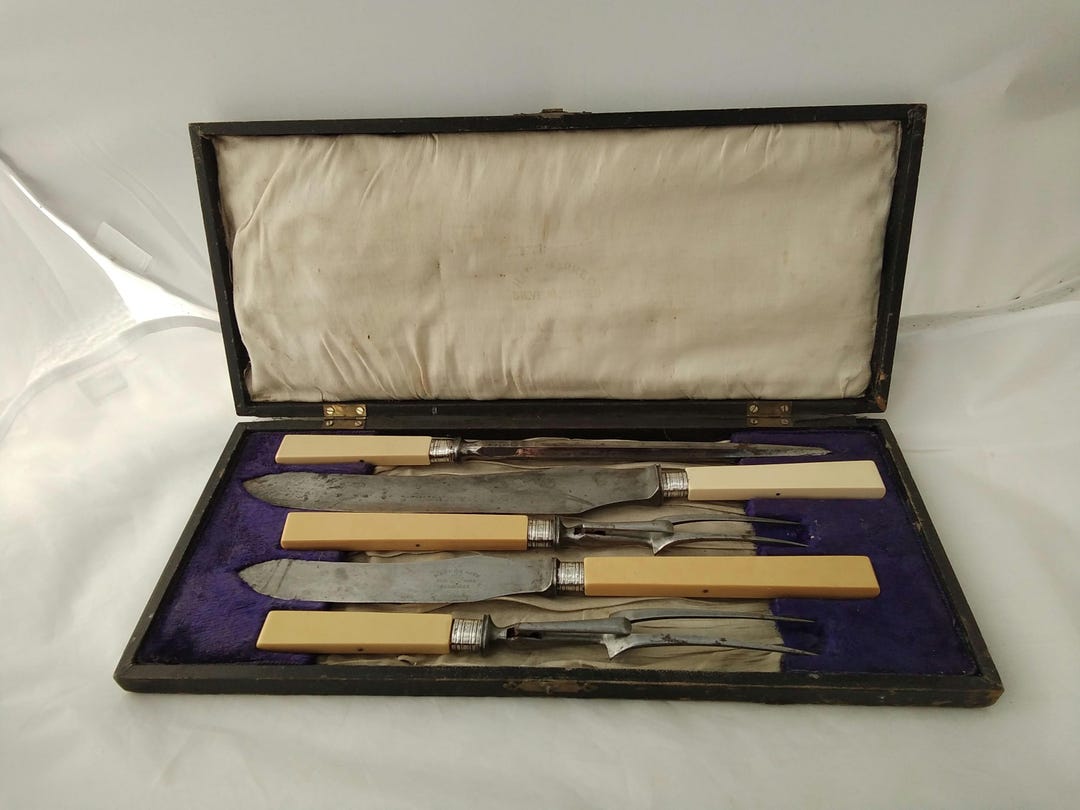 Antique Cased 5 Piece Carving Set With Pinned Handles and Silver ...