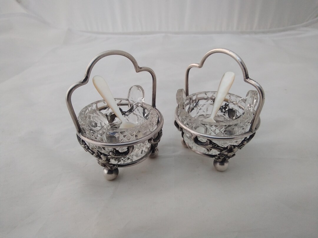 Beautiful Rare Pair of Antique Cut Glass Salt Cellars With Embossed ...