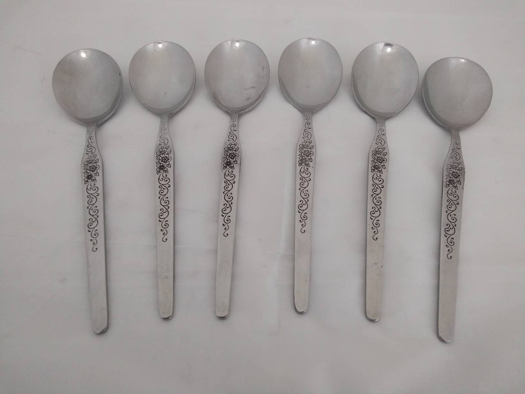 Vintage Set of 6 Viners Stainless Steel Floral 'international' Soup ...