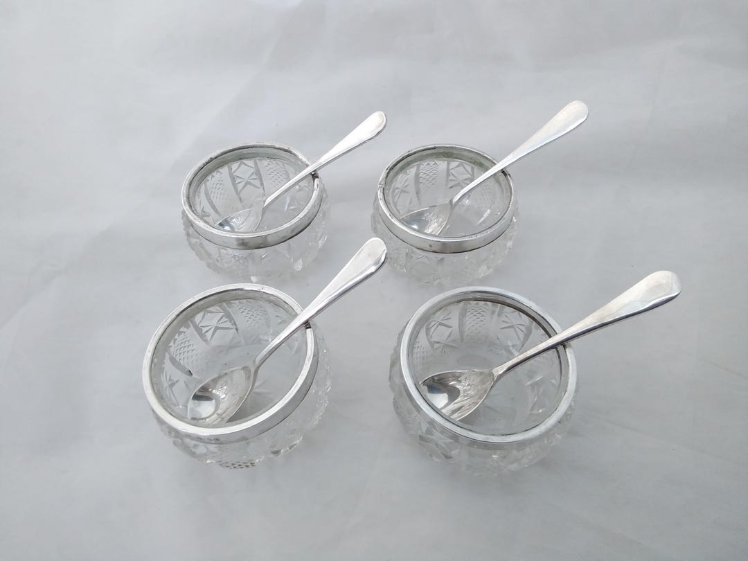 Set of 4 Antique Cut Glass Salt Cellars With Solid Silver Collars ...